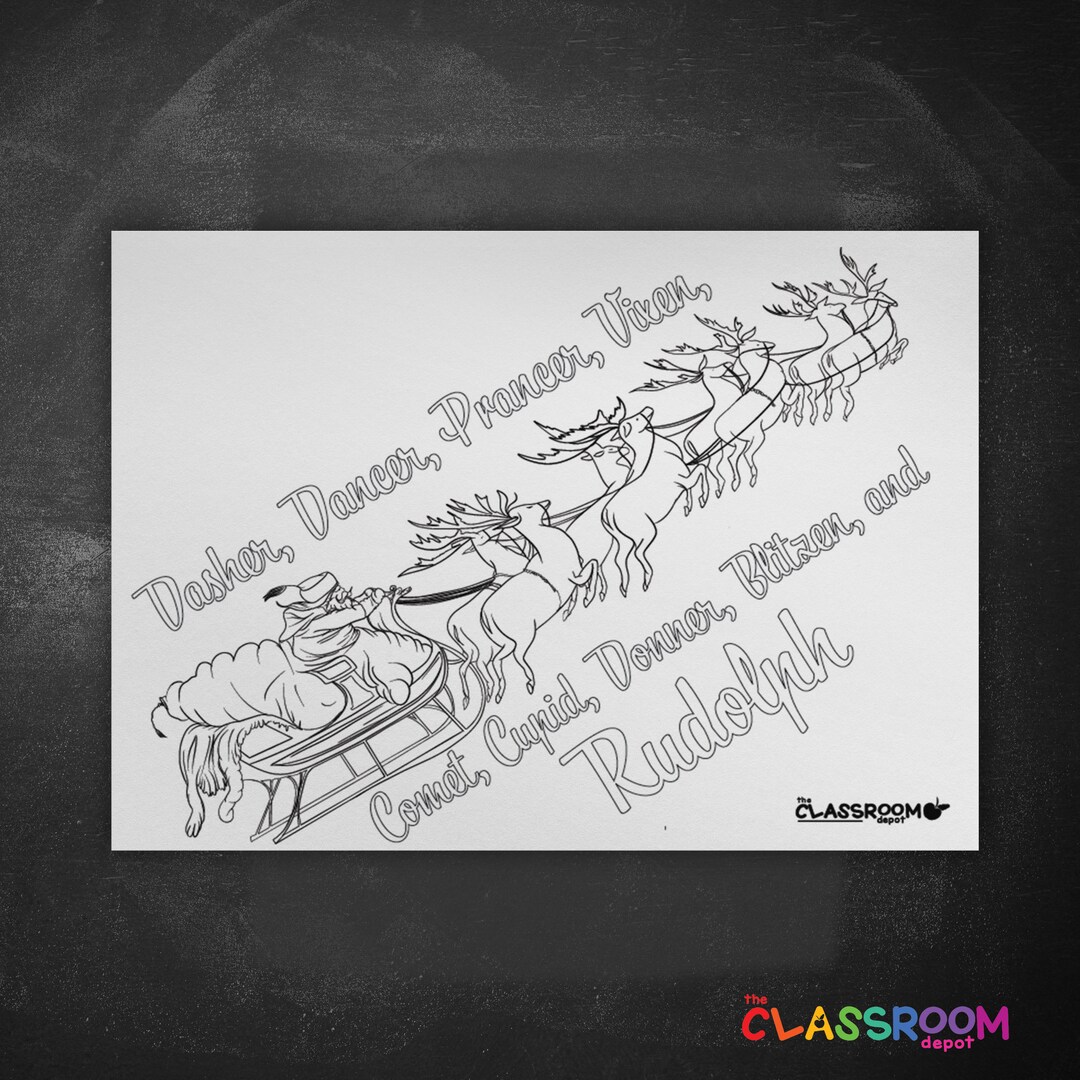 Santa and His Reindeer Christmas Holiday Coloring Sheet Illustration - Etsy