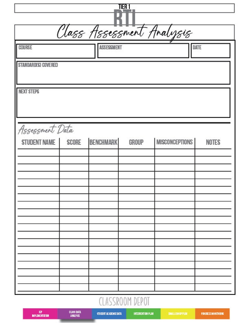 Printable Teacher RTI Intervention Forms Class Assessment Analysis ...