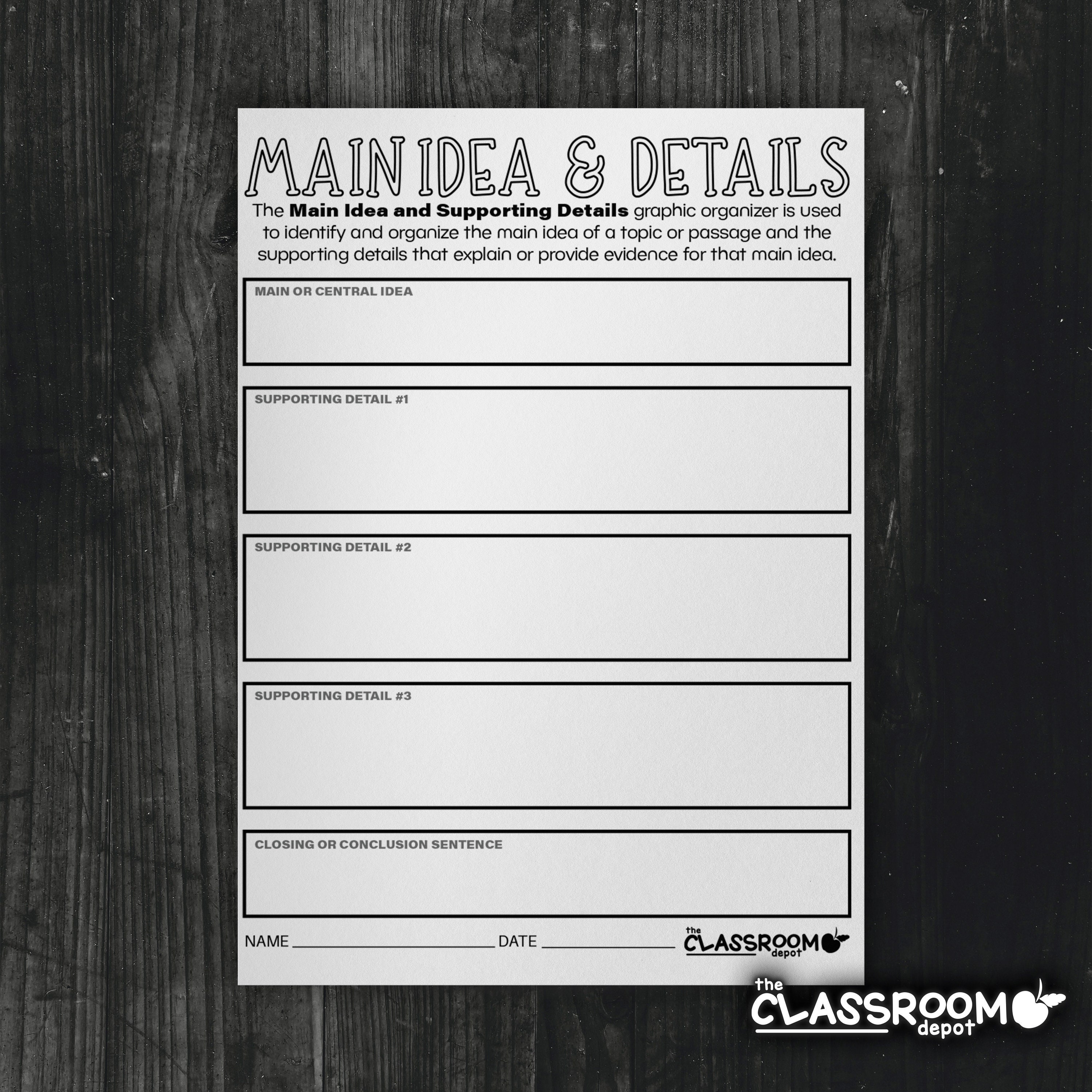 Main Idea and Details Graphic Organizer Reading Comprehension Printable ...