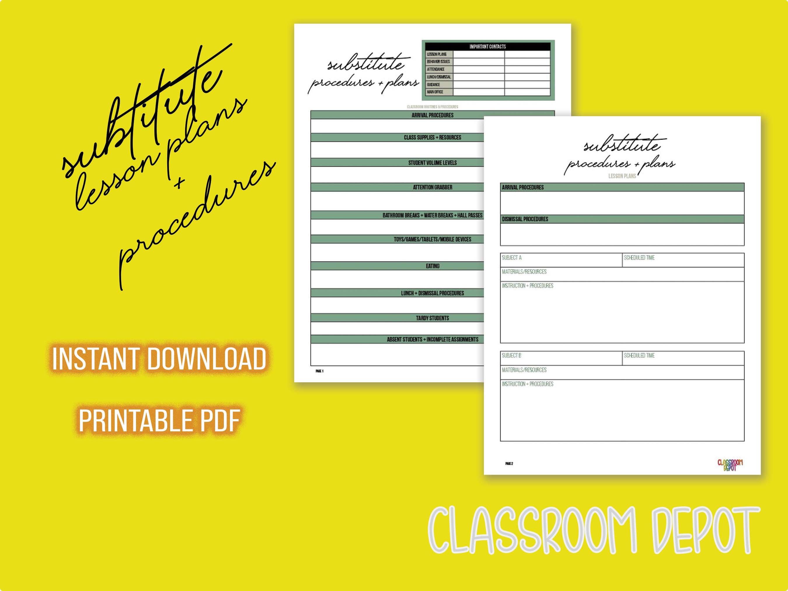 Substitute Lesson Plans and Procedure Printable Instant Download PDF ...