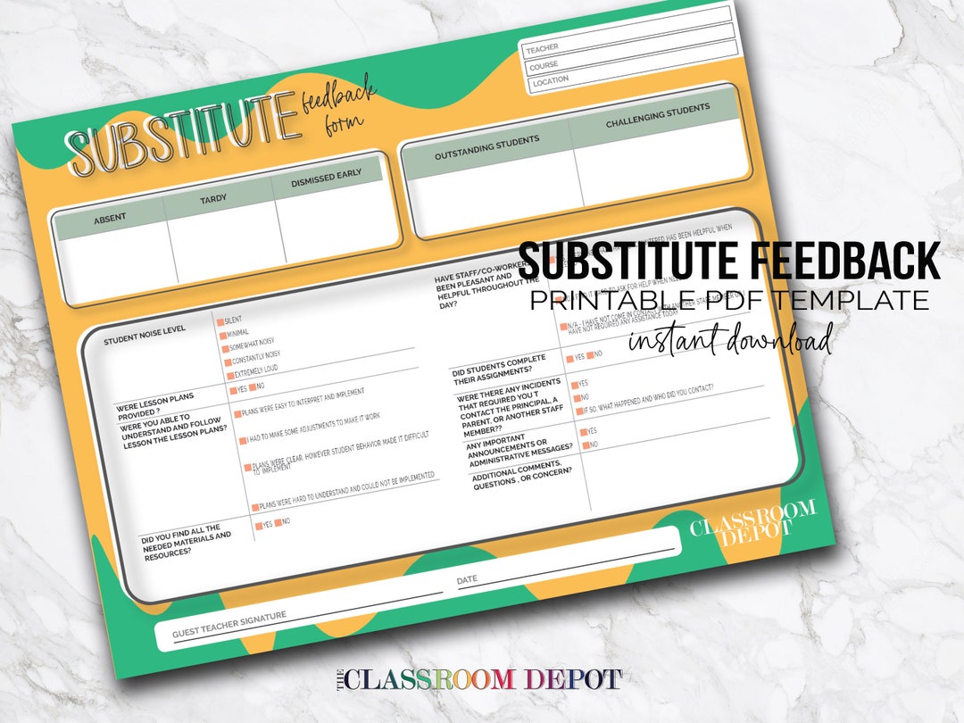 Substitute Feedback Form Printable PDF Form Instant Download for ...