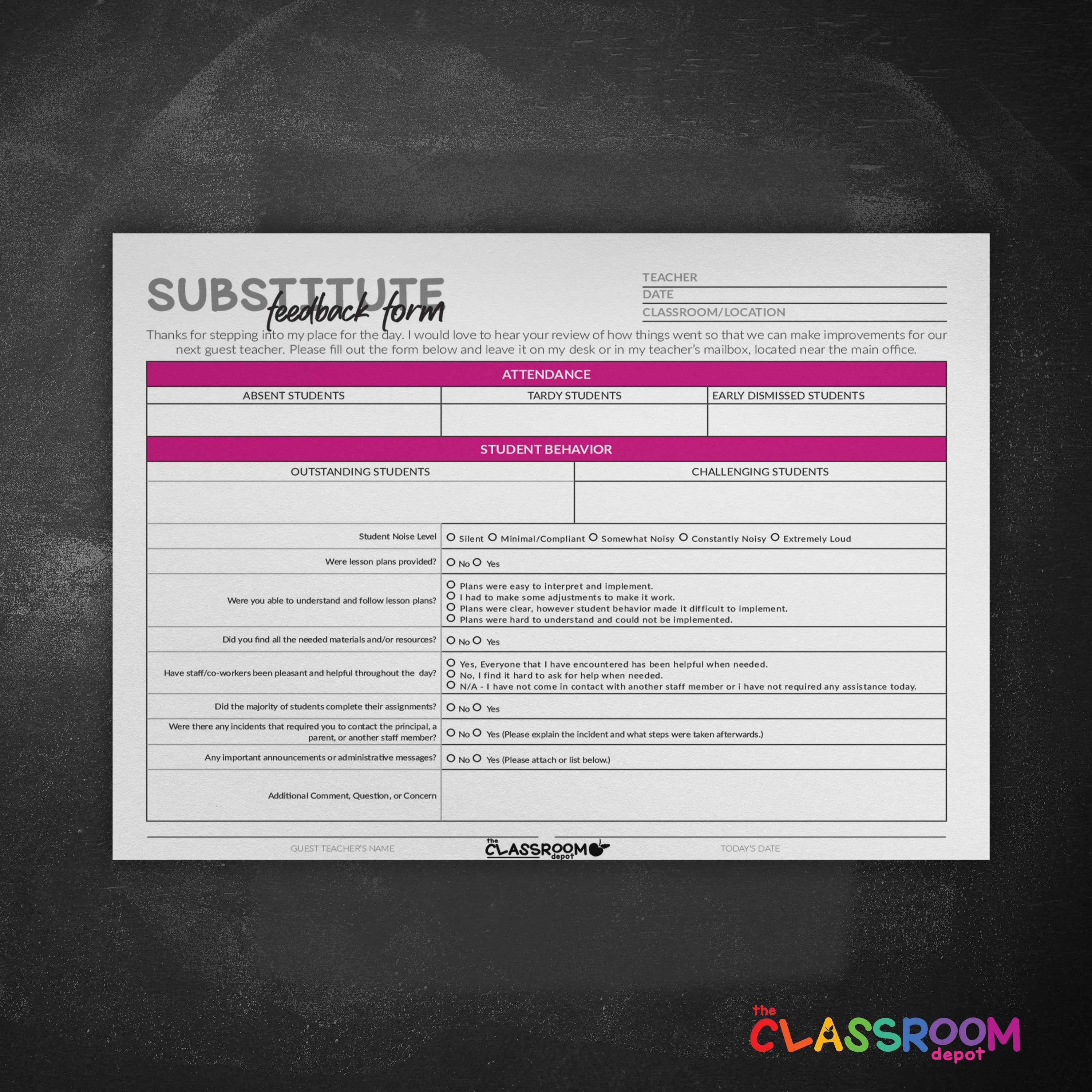 Substitute Feedback Form Template Teacher Printable PDF Classroom ...