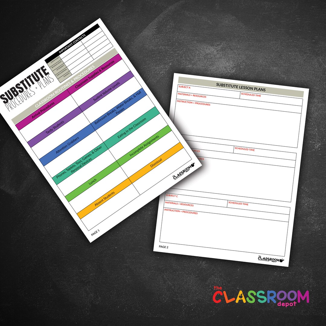 Substitute Lesson Plans and Procedure Printable Instant Download - PDF ...