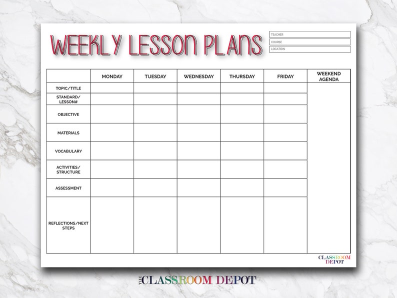 Weekly Lesson Plan Template Printable PDF Form Instant - Etsy