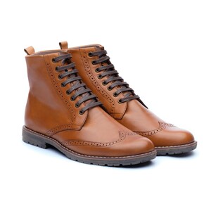 Mens Brown Leather COMBAT ANKLE BOOTS – Cowhide Leather Wingtip Boots ...