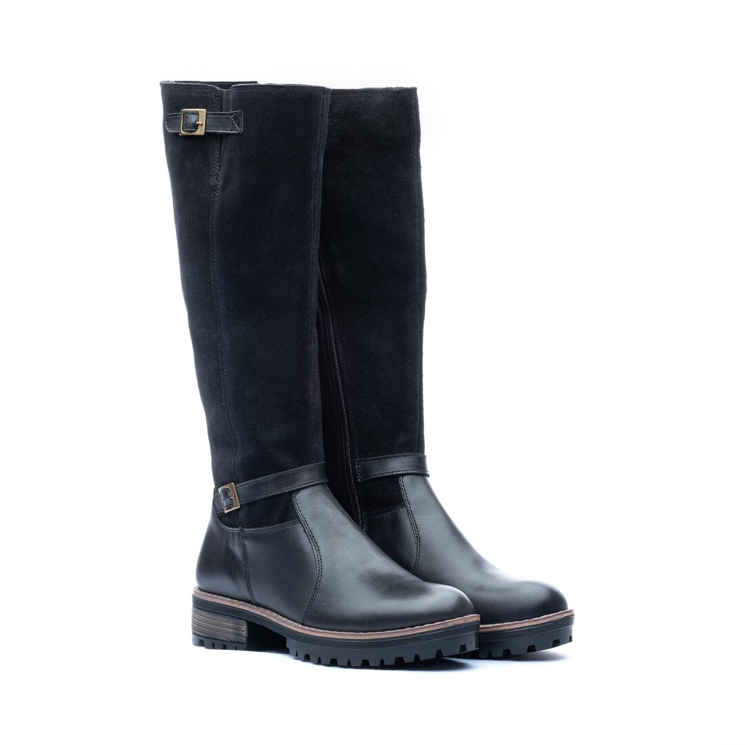 Black TALL COUNTRY High Knee Flat BOOTS – Cowhide Suede Flat Heeled ...