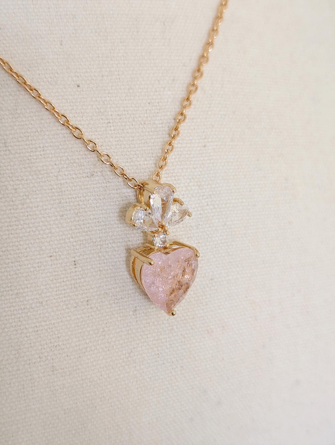 Cute Gold Necklace With Pink Heart Charm Crystal, Necklace, Cottagecore ...
