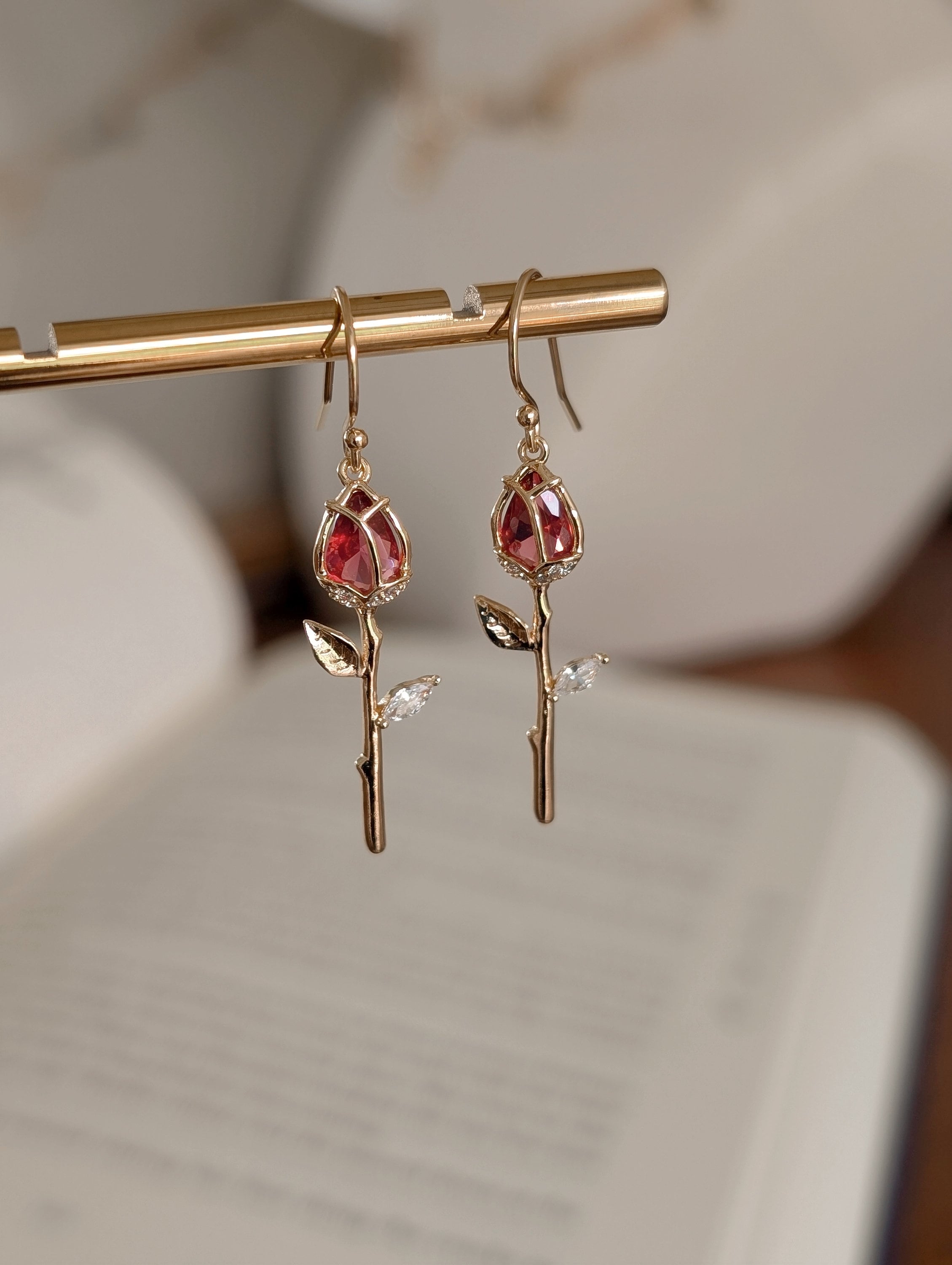Red Rose Dangle Earrings: Gold Floral Earrings - Etsy