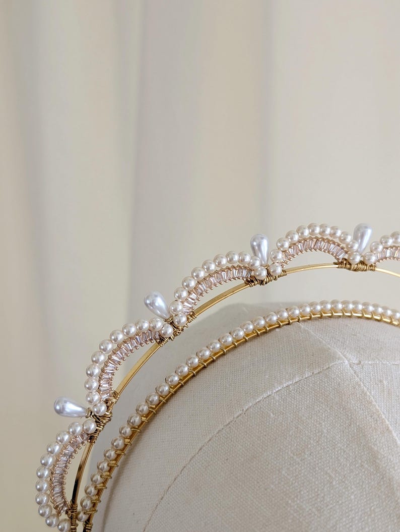 Gold Pearl Bridal Crown for Wedding, Vintage Style Handcrafted Bridal ...