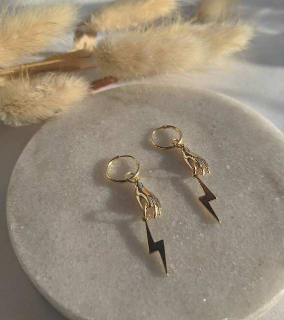 Victorian Hand Earrings Lightning Bolt Earrings Gold Hoop Earrings Gold Sleepers. Etsy UK