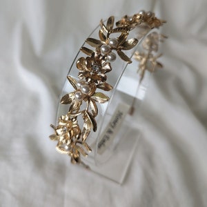 Bridal Pearl Gold Flower Headband, Crystal Wedding Headpiece, Wedding ...