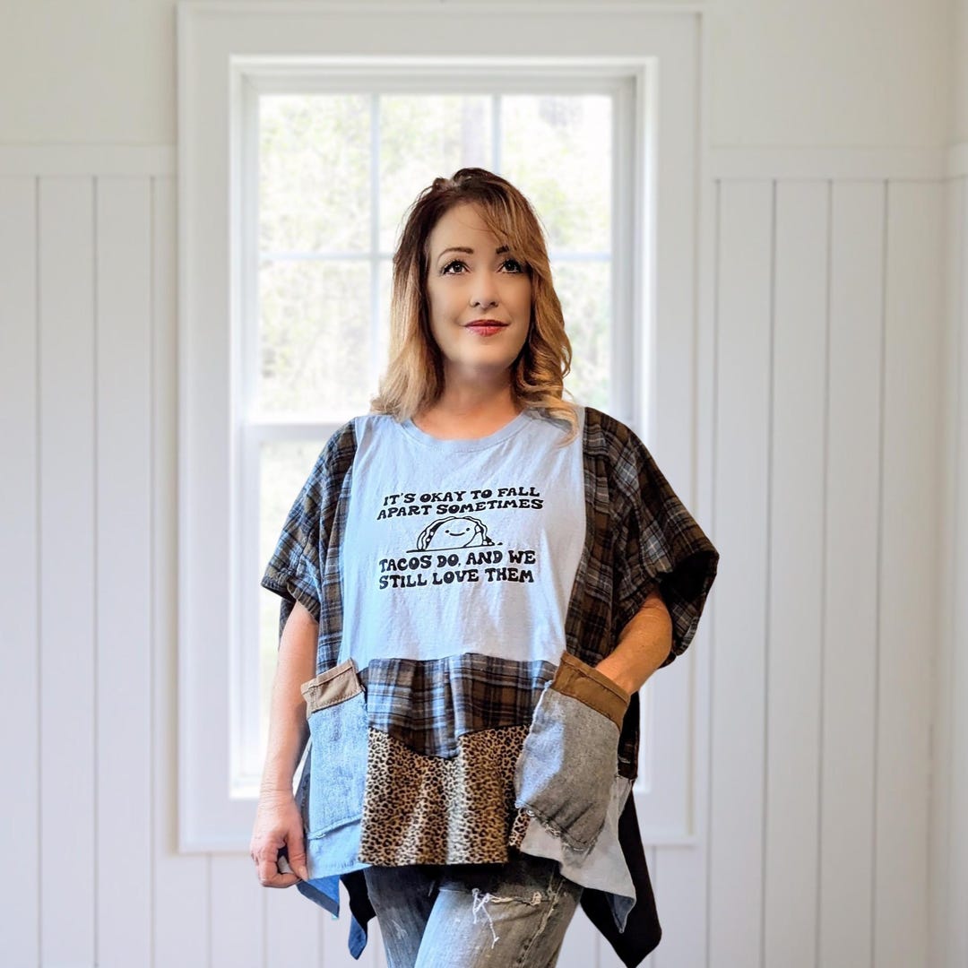 Funny Taco Poncho Quote Tshirt OSFA Box Top Pullover Upcycled Flannel ...