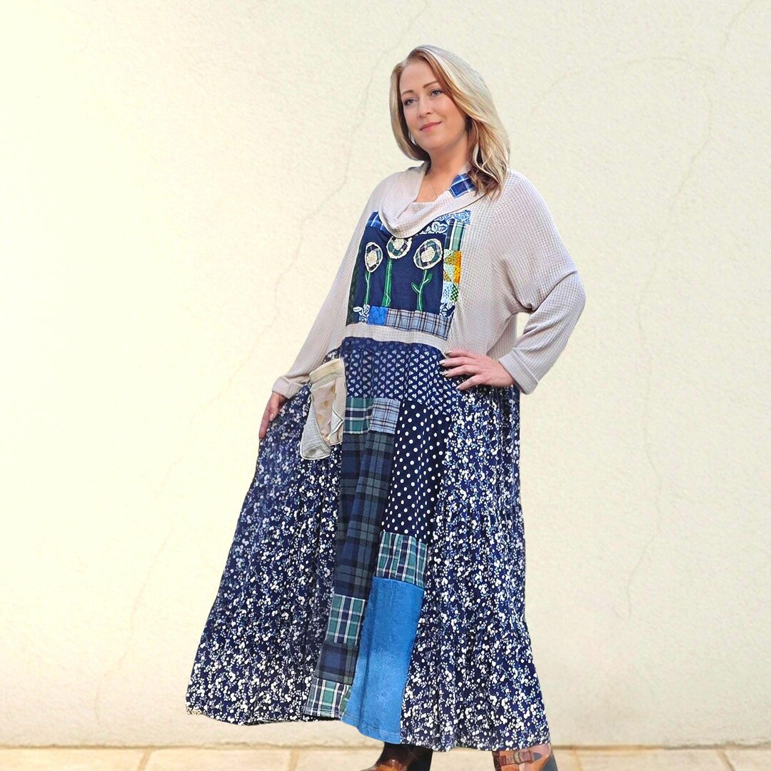 Plus Size Dress 3X Boho Maxi Upcycled Patchwork Cowl Neck Sweater - Etsy