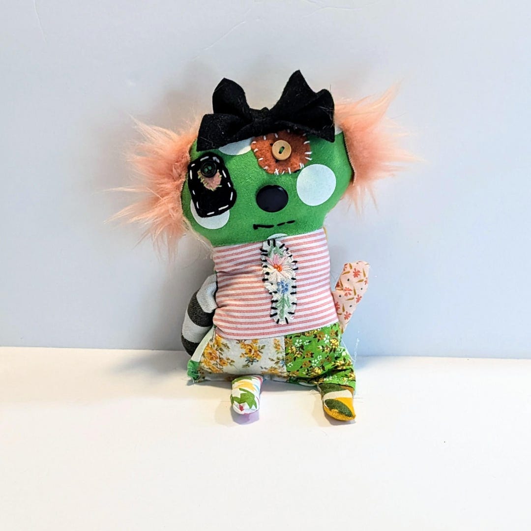 Fabric Art Doll Monster Green Plushie Fun Stuffed Creature Gift for Man ...