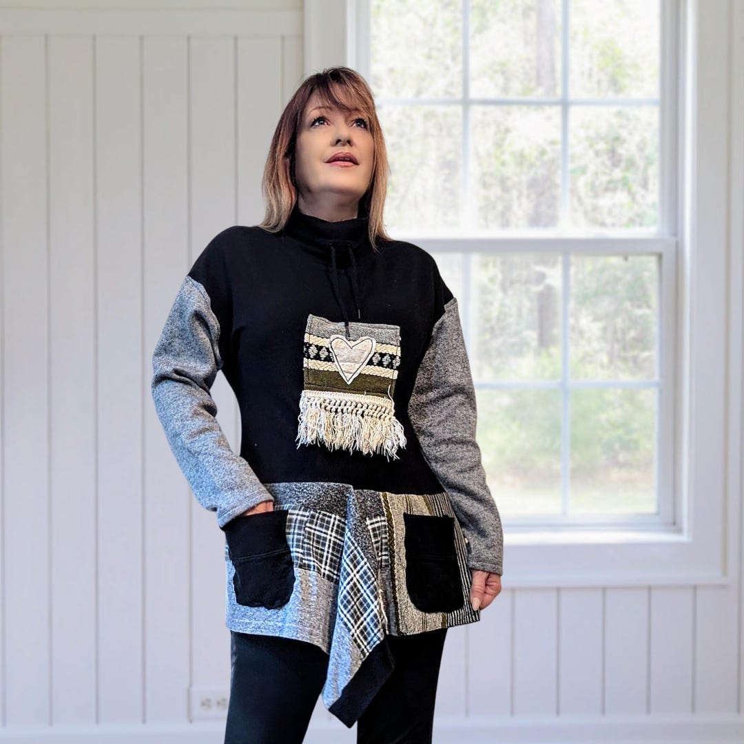 Black Boho Sweater Serape Flannel Upcycled Patchwork Long Sleeve Top ...