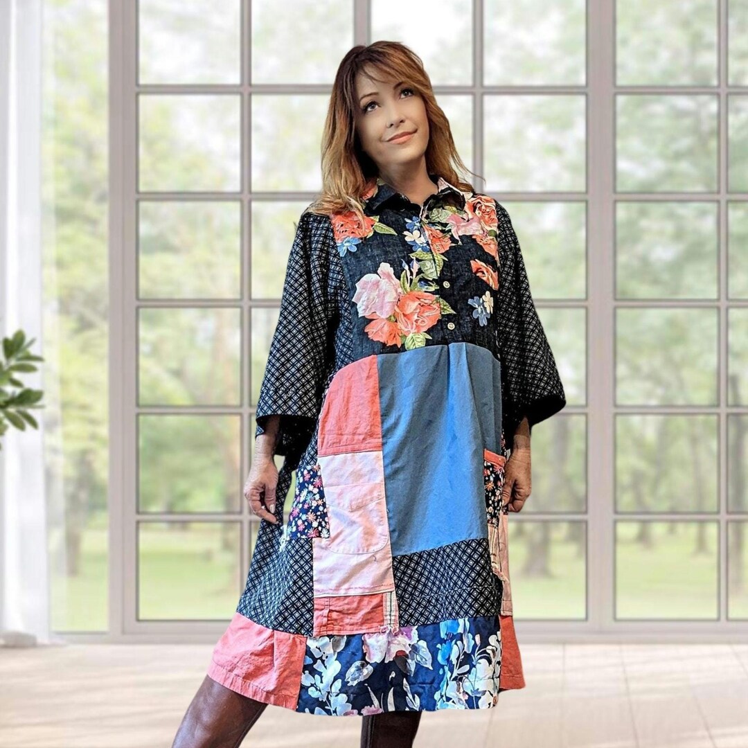 2X Dress Linen Roses Dress for Fall Upcycled Clothing Colorful ...