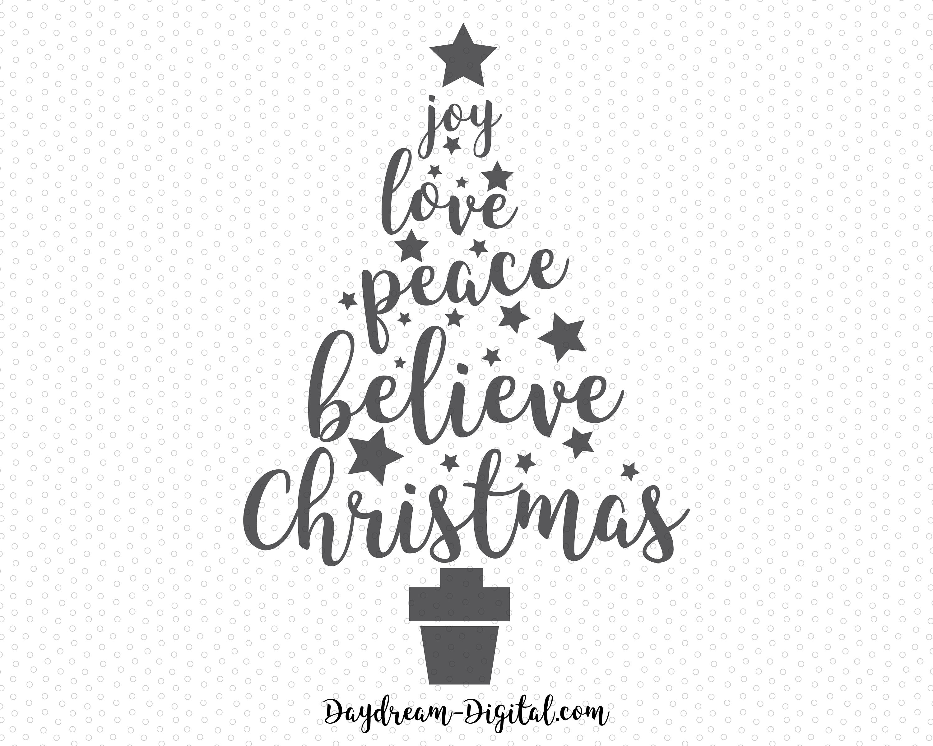 Joy, Love, Peace, Believe, Christmas | Christmas Tree Word Art | Stars ...