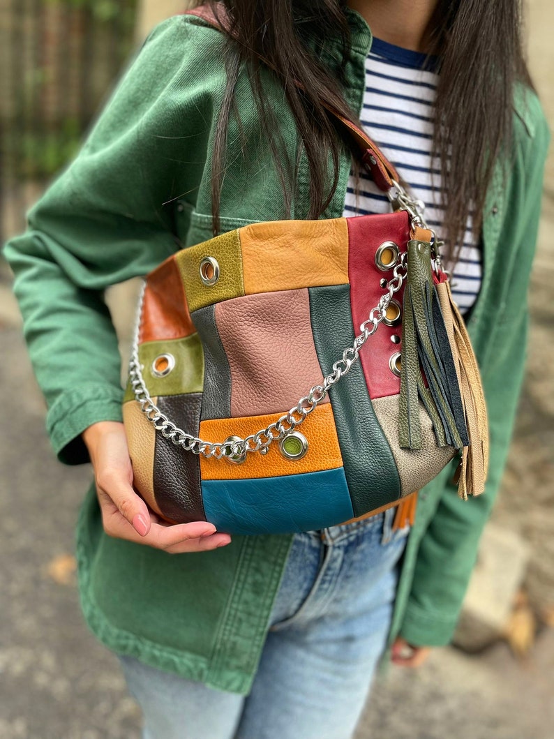 Shoulder Leather Bag Multicolored Bag Leather Colorful Women - Etsy