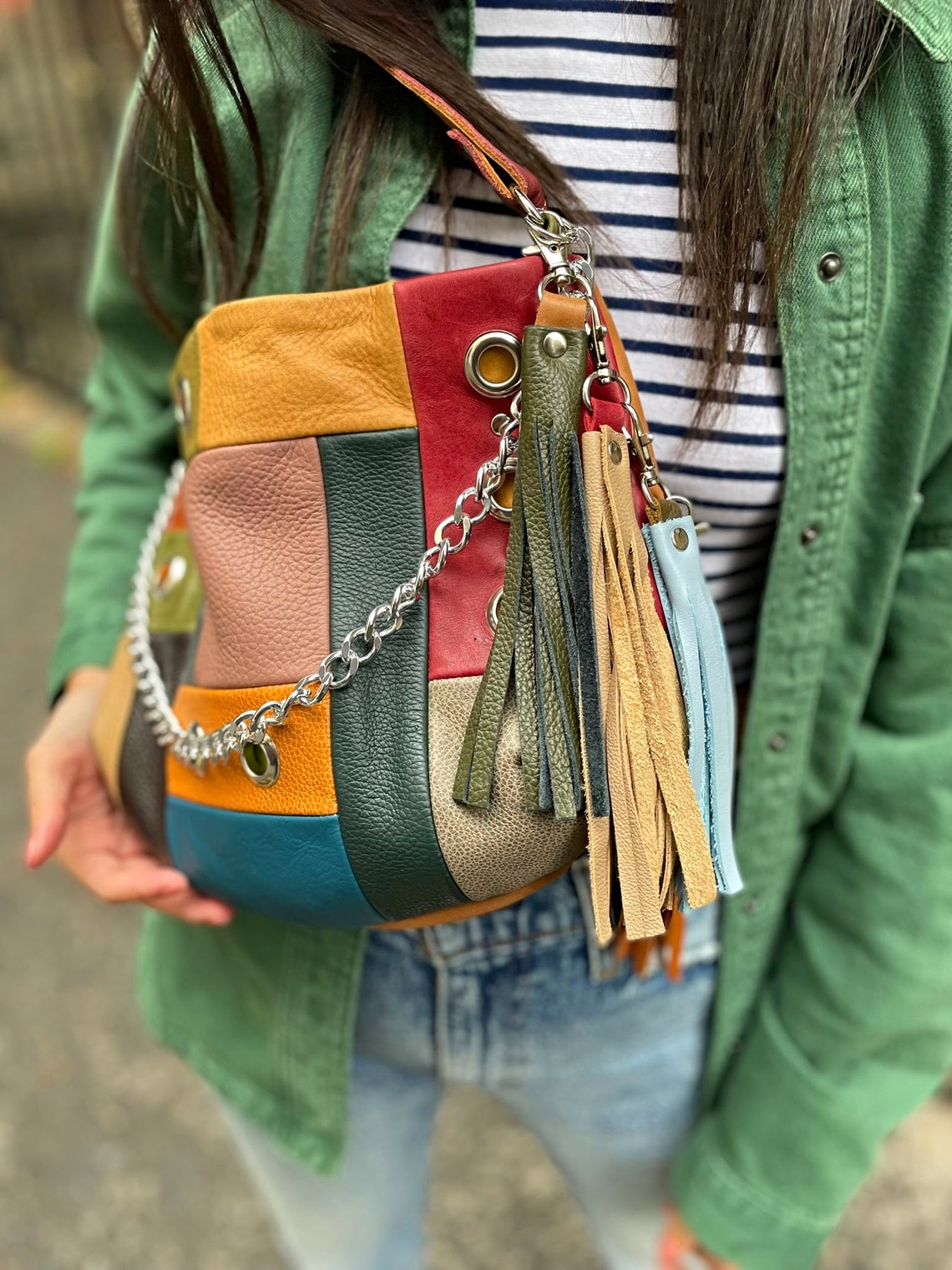 Shoulder Leather Bag Multicolored Bag Leather Colorful Women - Etsy