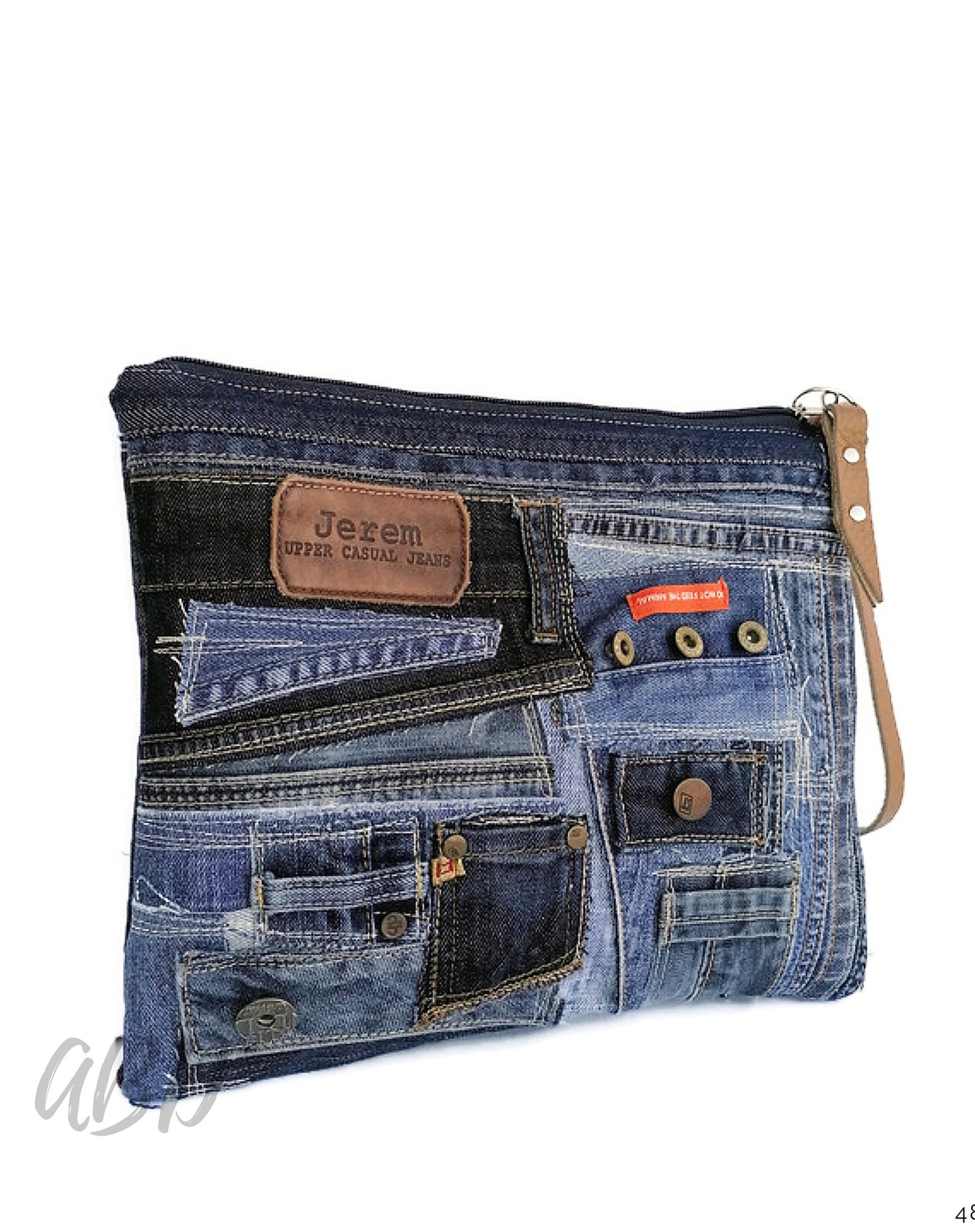 Upcycled Denim Patchwork Clutch Bag: Handmade Jean Purse With Leather ...