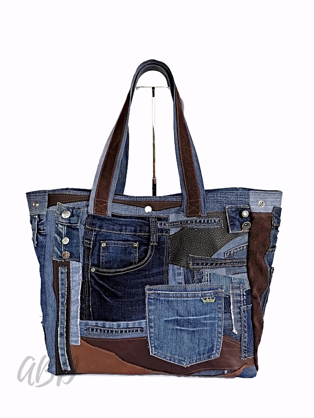Recycled Jeans Bag Jeans Patchwork Bag Denim Leather Bag Unique Jeans ...