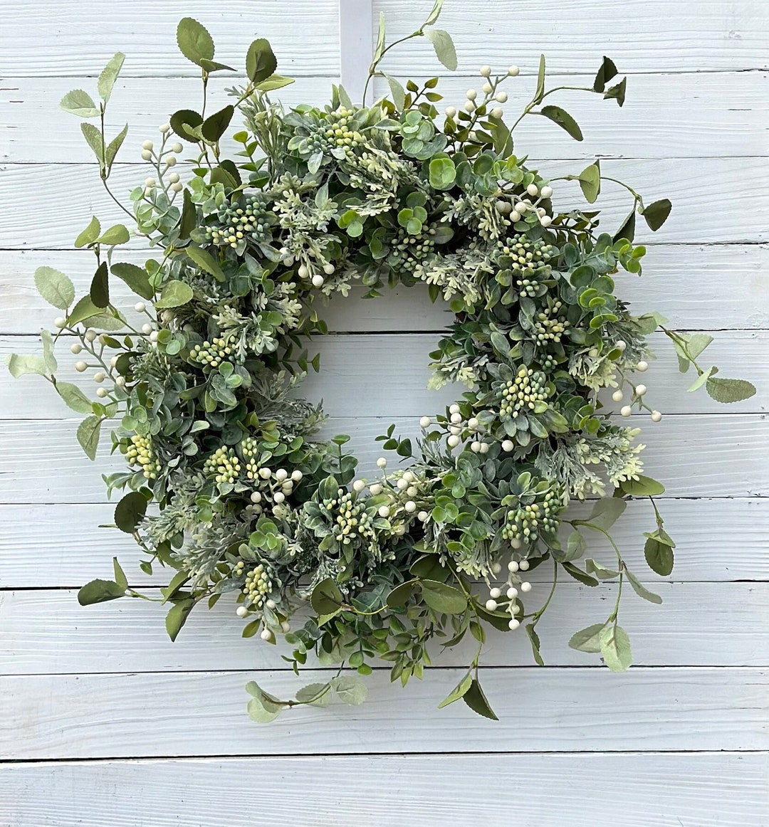Farmhouse Greenery Wreath, Year Round Greenery and White Berries Wreath ...