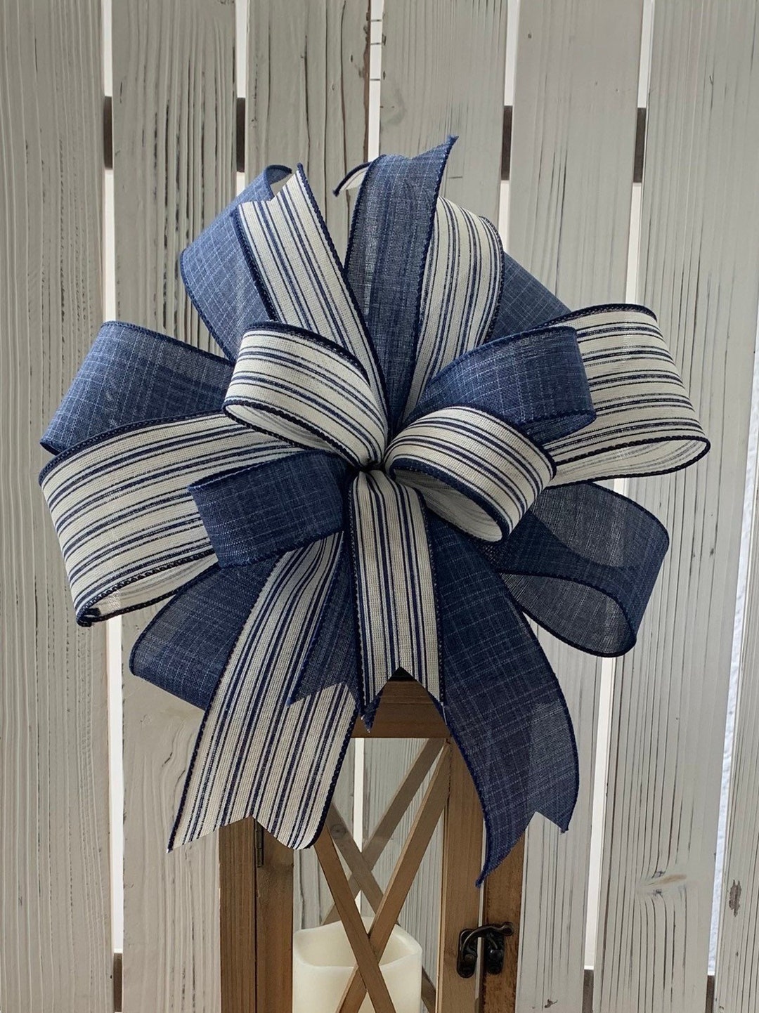 Blue and White Wreath Bow, Farmhouse Bow, Blue and White Lantern Bow ...