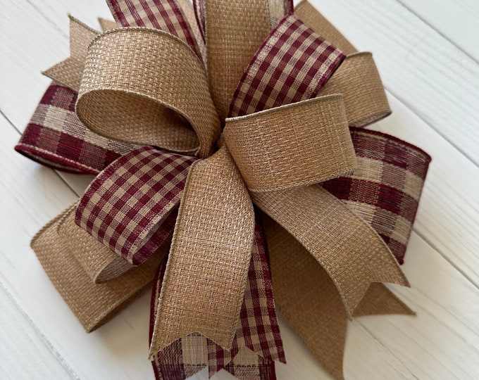 Burgundy and Tan Wreath Bow, Everyday Bow for Wreaths, Plaid Front Door ...