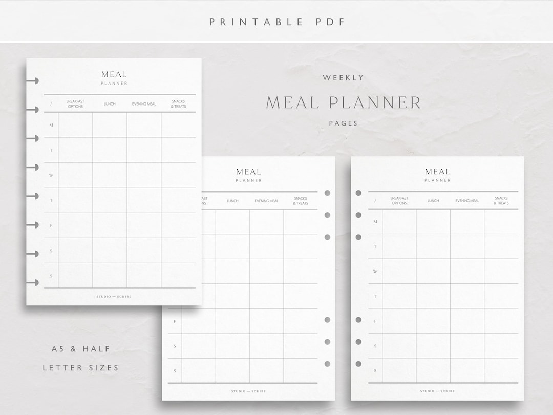 Printable Meal Planner Pages Print at Home Weekly Menu Plan PDF Family ...