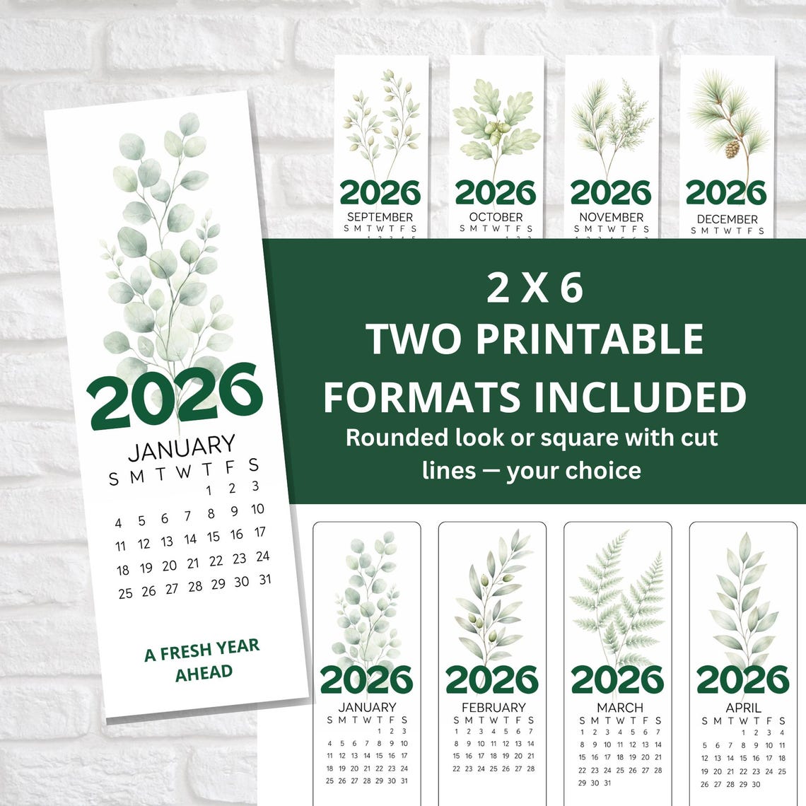 2026 Greenery Calendar Bookmarks | 2x6 Botanical Bookmark Calendar ...