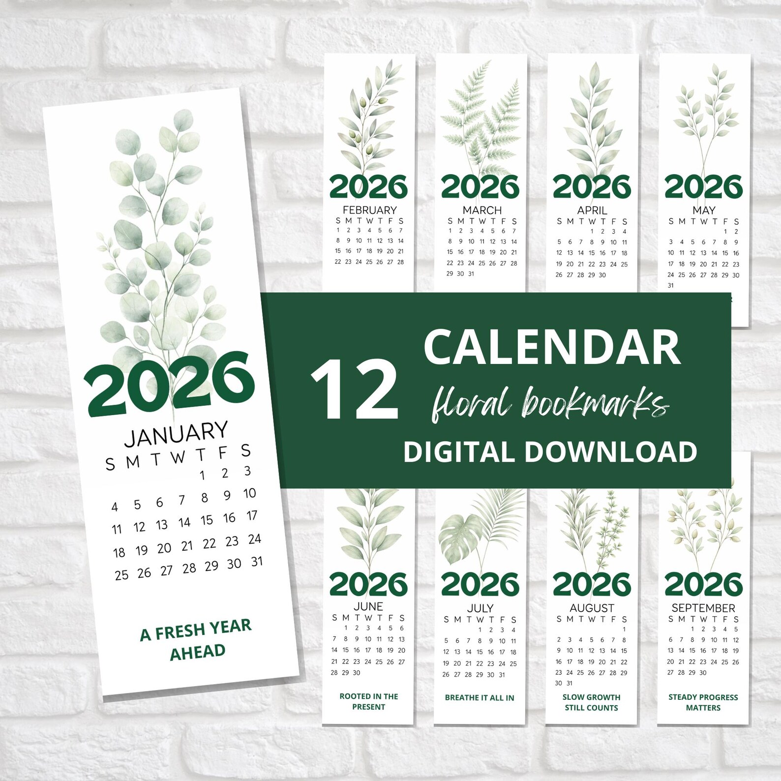 2026 Greenery Calendar Bookmarks | 2x6 Botanical Bookmark Calendar ...