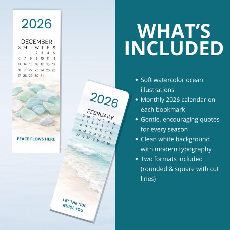 2026 Ocean Calendar Bookmarks Printable, Beach Watercolor Bookmark Set ...