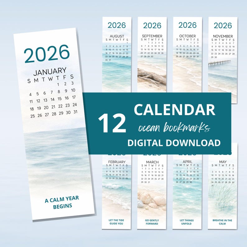 2026 Ocean Calendar Bookmarks Printable, Beach Watercolor Bookmark Set ...