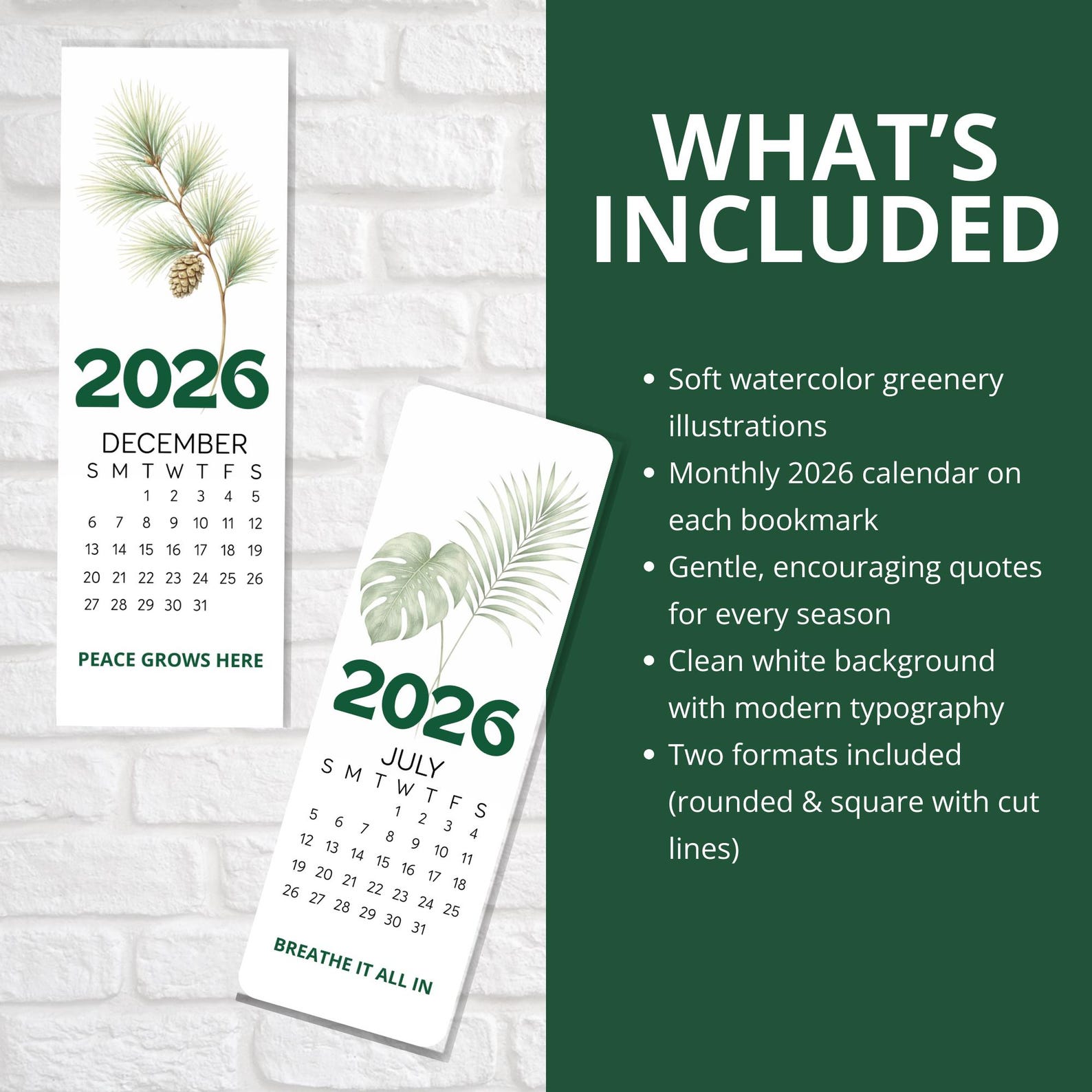 2026 Greenery Calendar Bookmarks | 2x6 Botanical Bookmark Calendar ...