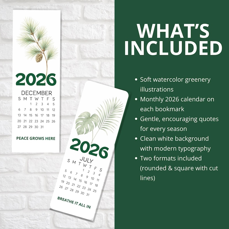 2026 Greenery Calendar Bookmarks | 2x6 Botanical Bookmark Calendar ...