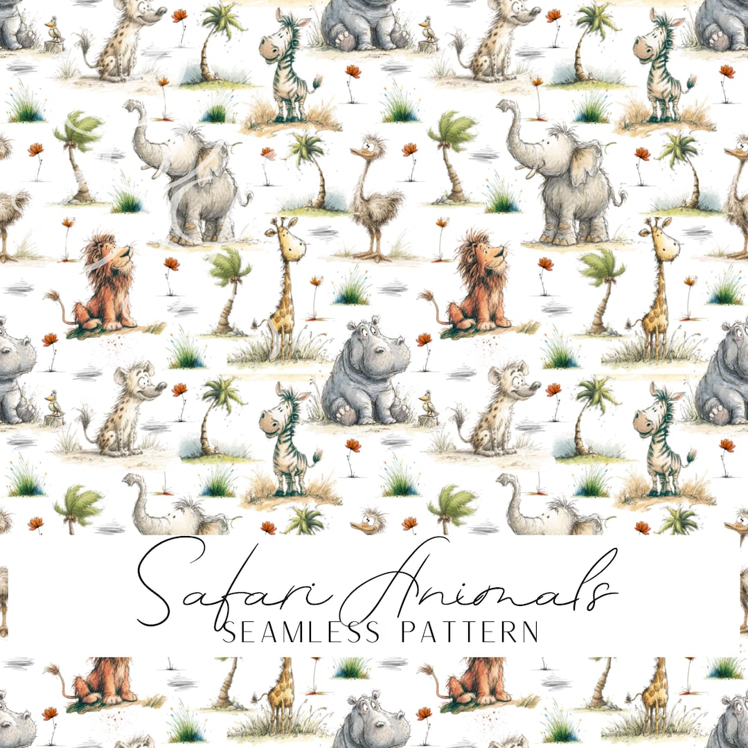 Safari Animals Seamless Pattern, Cute Jungle Watercolor, Nursery Animal ...