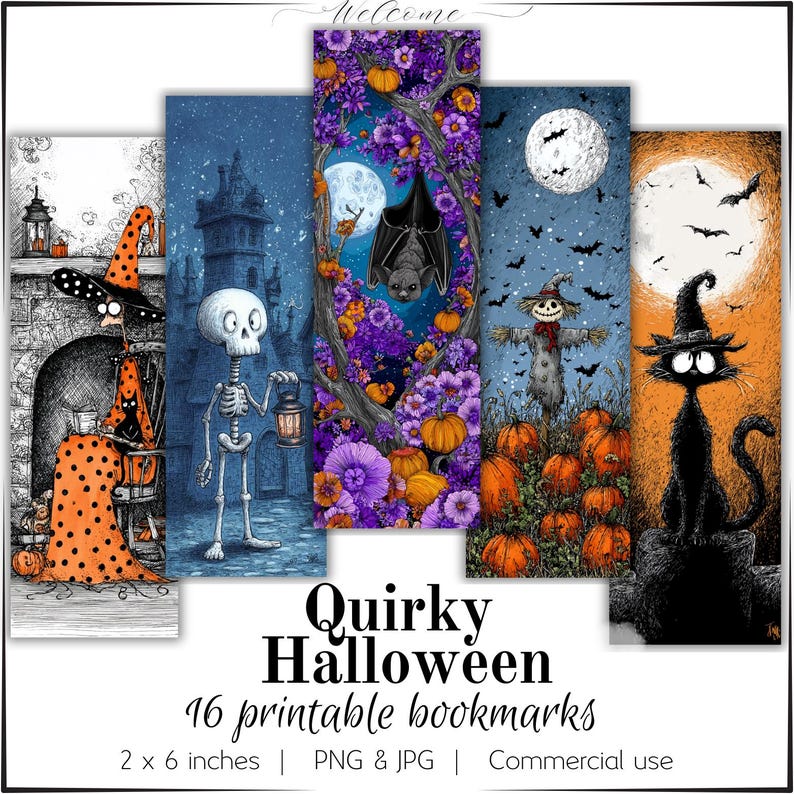 Quirky Halloween Bookmarks in Watercolor Style. 16 Different Images ...