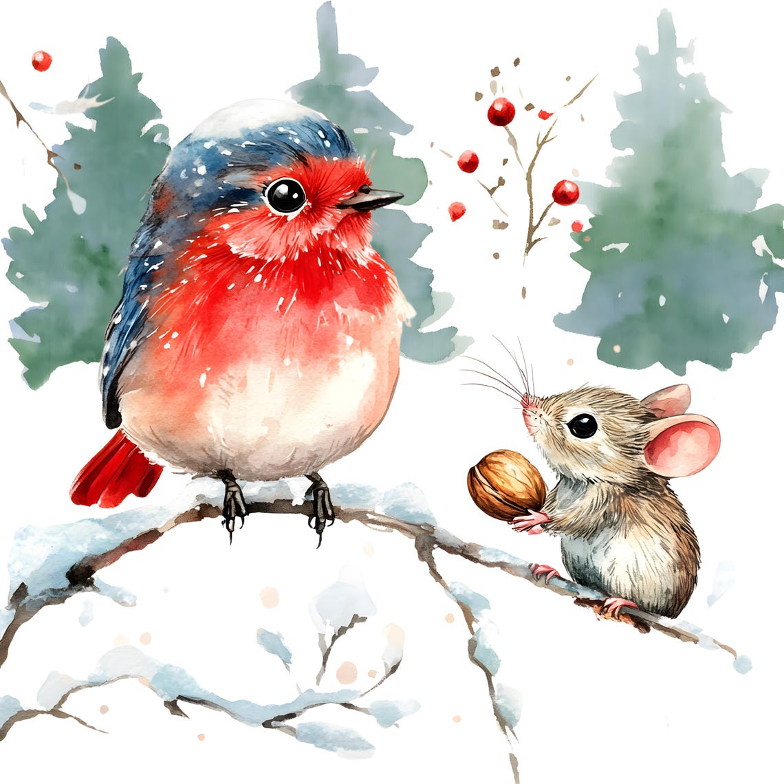 Bird and Mouse Watercolor Clipart. Winter Wonderland and Classic ...
