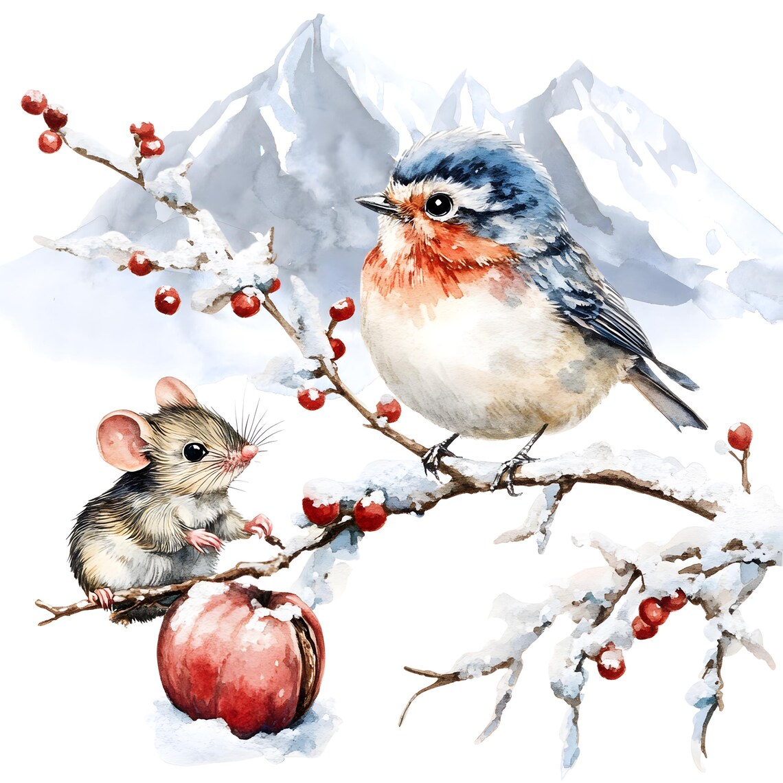 Bird and Mouse Watercolor Clipart. Winter Wonderland and Classic ...