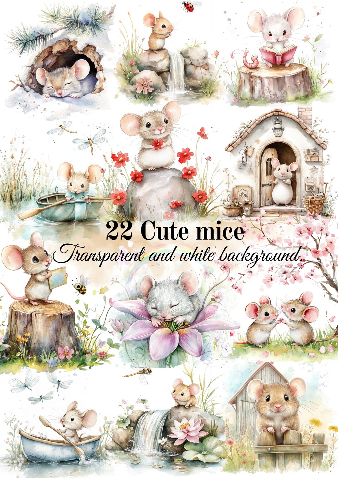 Cute Mouse Clipart, PNG Bundle, Watercolor Style Illustrations ...