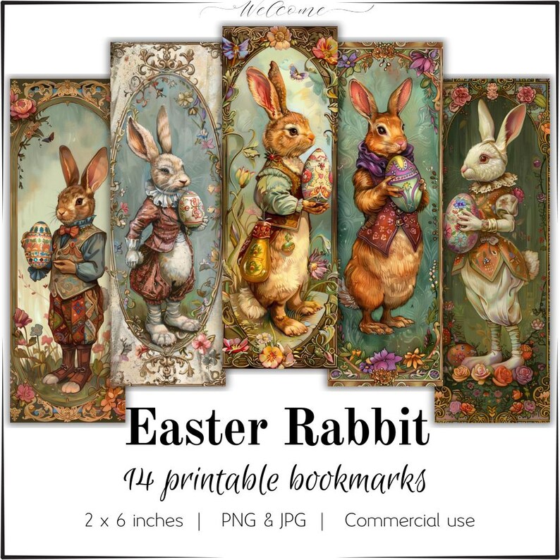 Easter Rabbit Printable Bookmarks Set | Vintage Bunny Art Nouveau Style ...