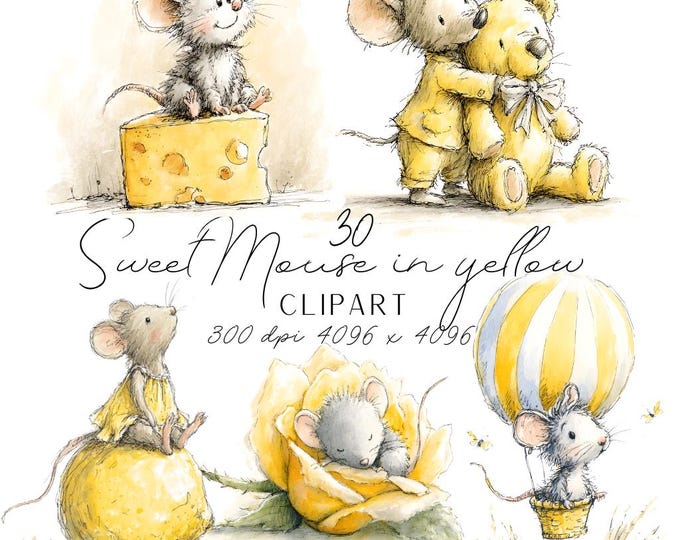 Yellow Mouse Clipart Bundle, Watercolor Style Woodland Mouse PNG, Cute ...