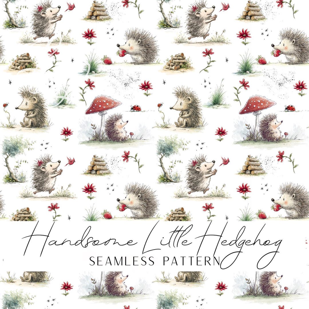The Handsome Little Hedgehog Seamless Pattern With Flowers and Cute ...