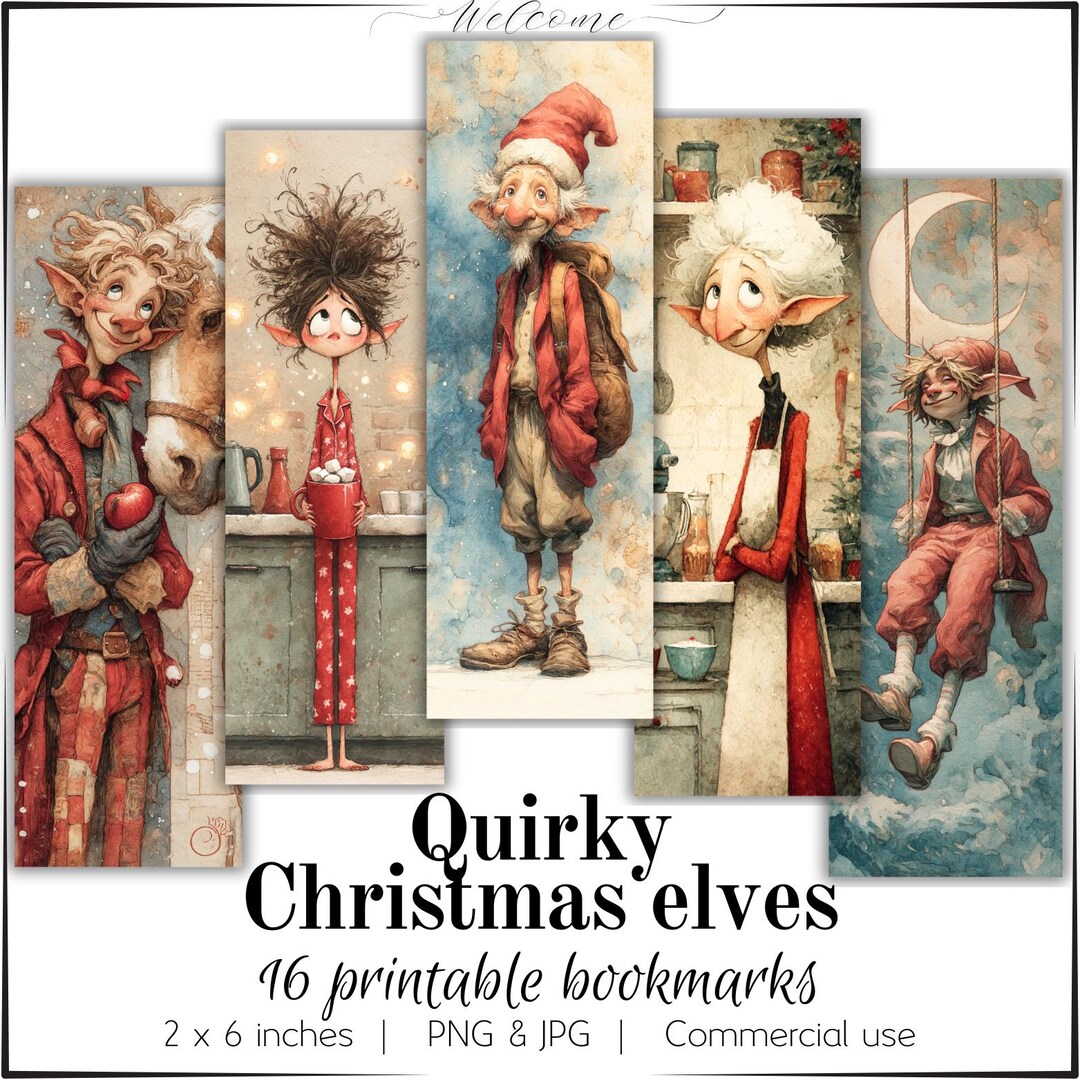 16 Quirky Christmas Elves Bookmarks, for Printing, Make Tags, Cards ...