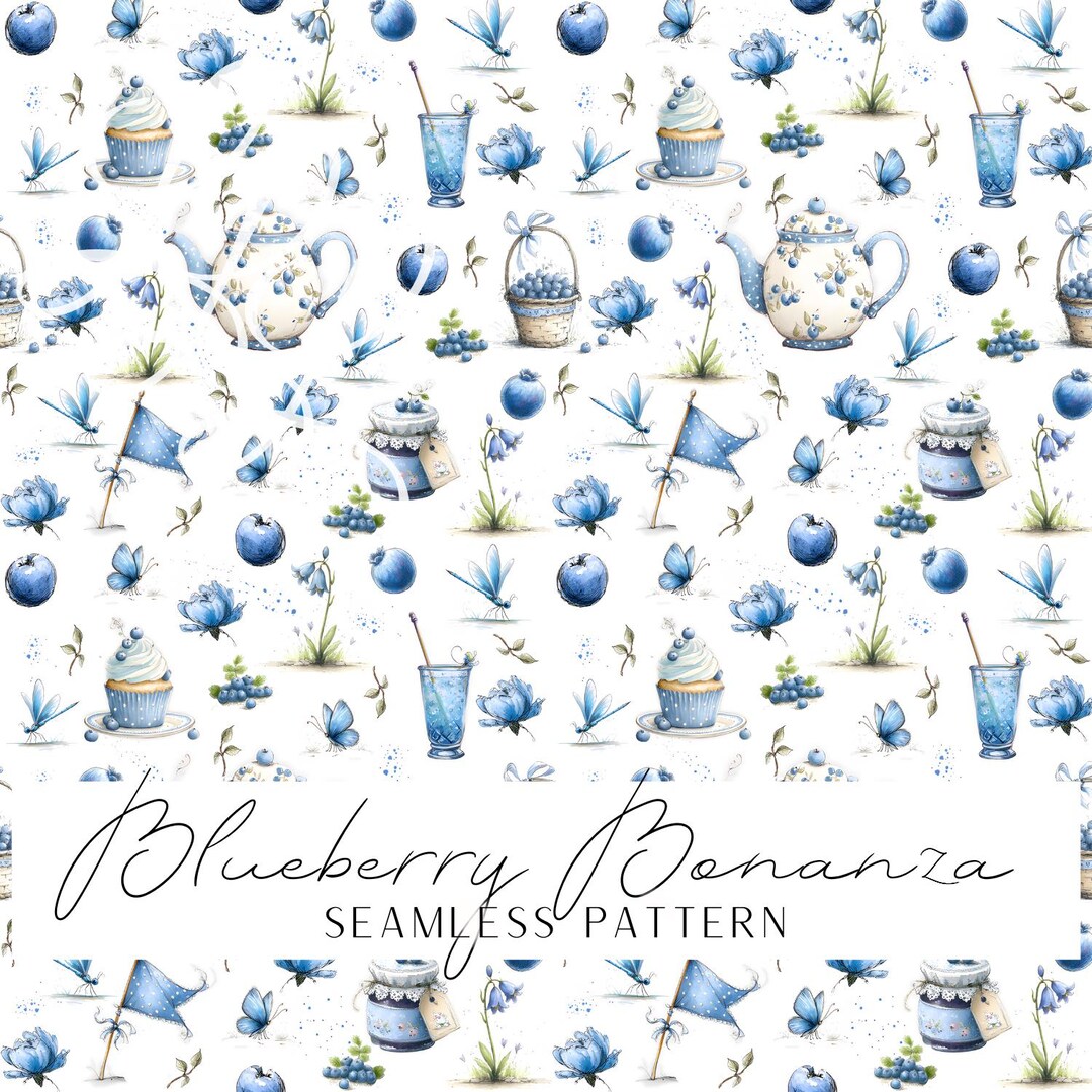 Blueberry Seamless Pattern | Blue Cottagecore Watercolor Style Digital ...