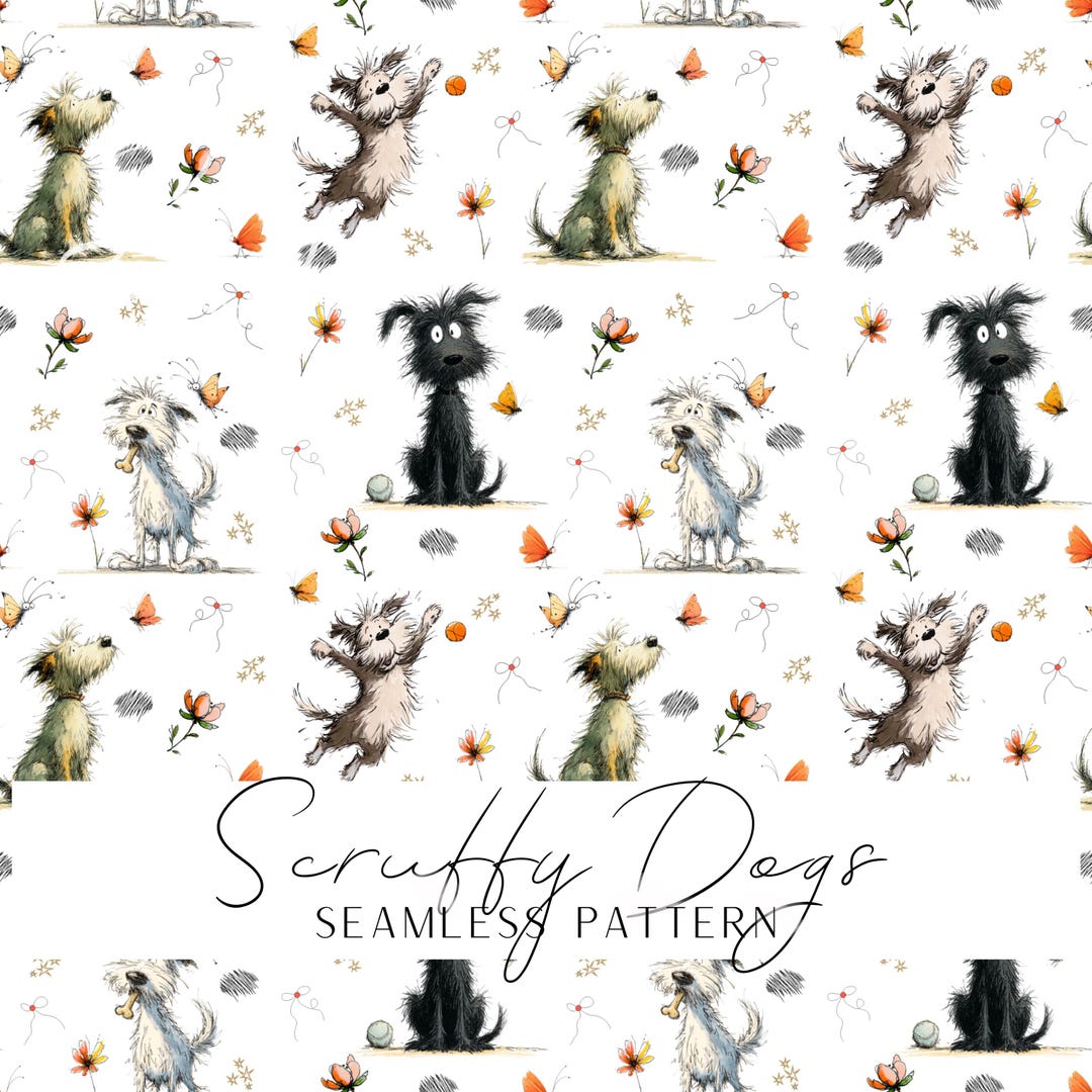 Scruffy Dogs Seamless Pattern, Cute Hand Drawn Style Puppy Print ...