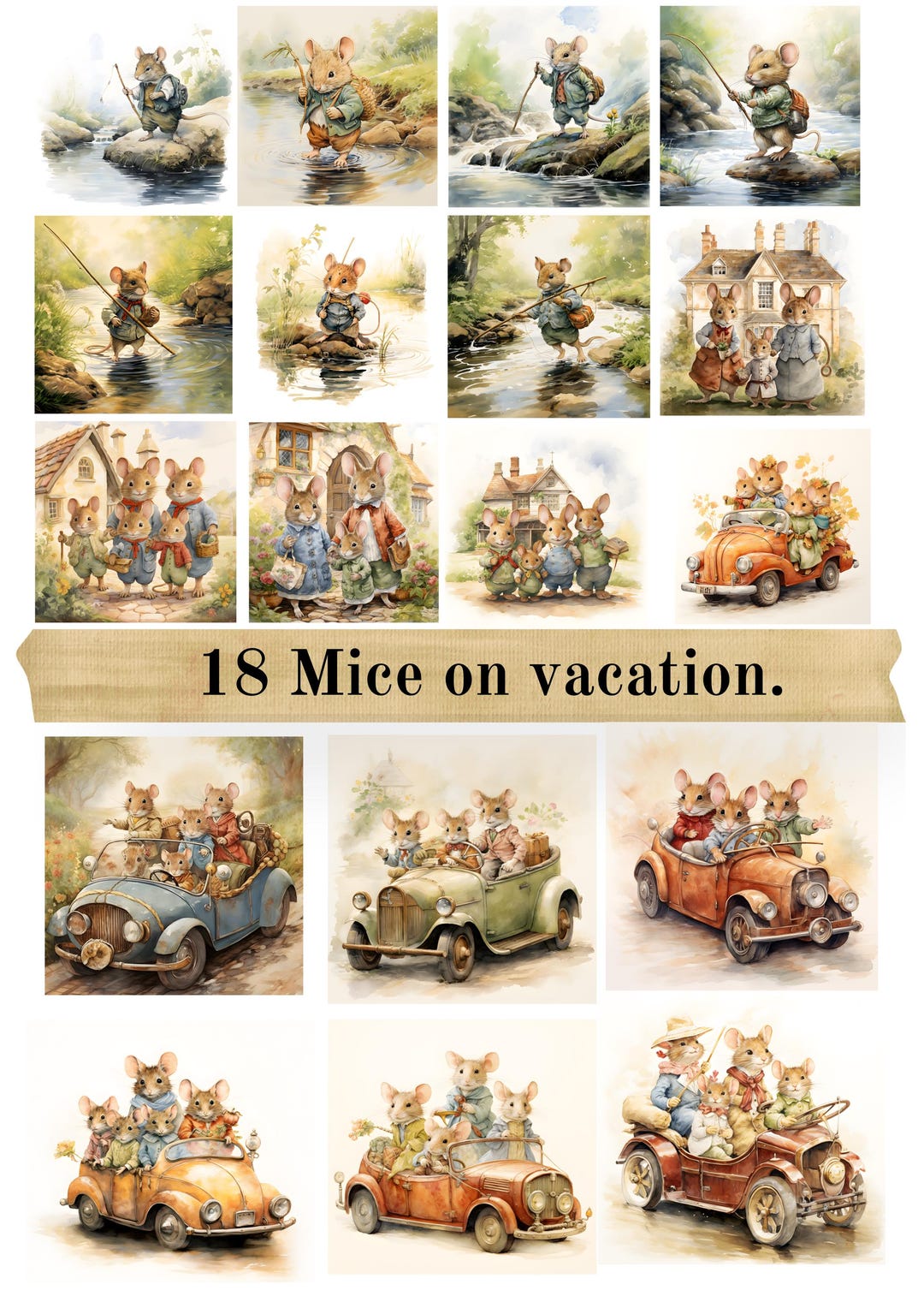 Mice on Vacation Clipart, PNG, Watercolor Style Illustrations ...