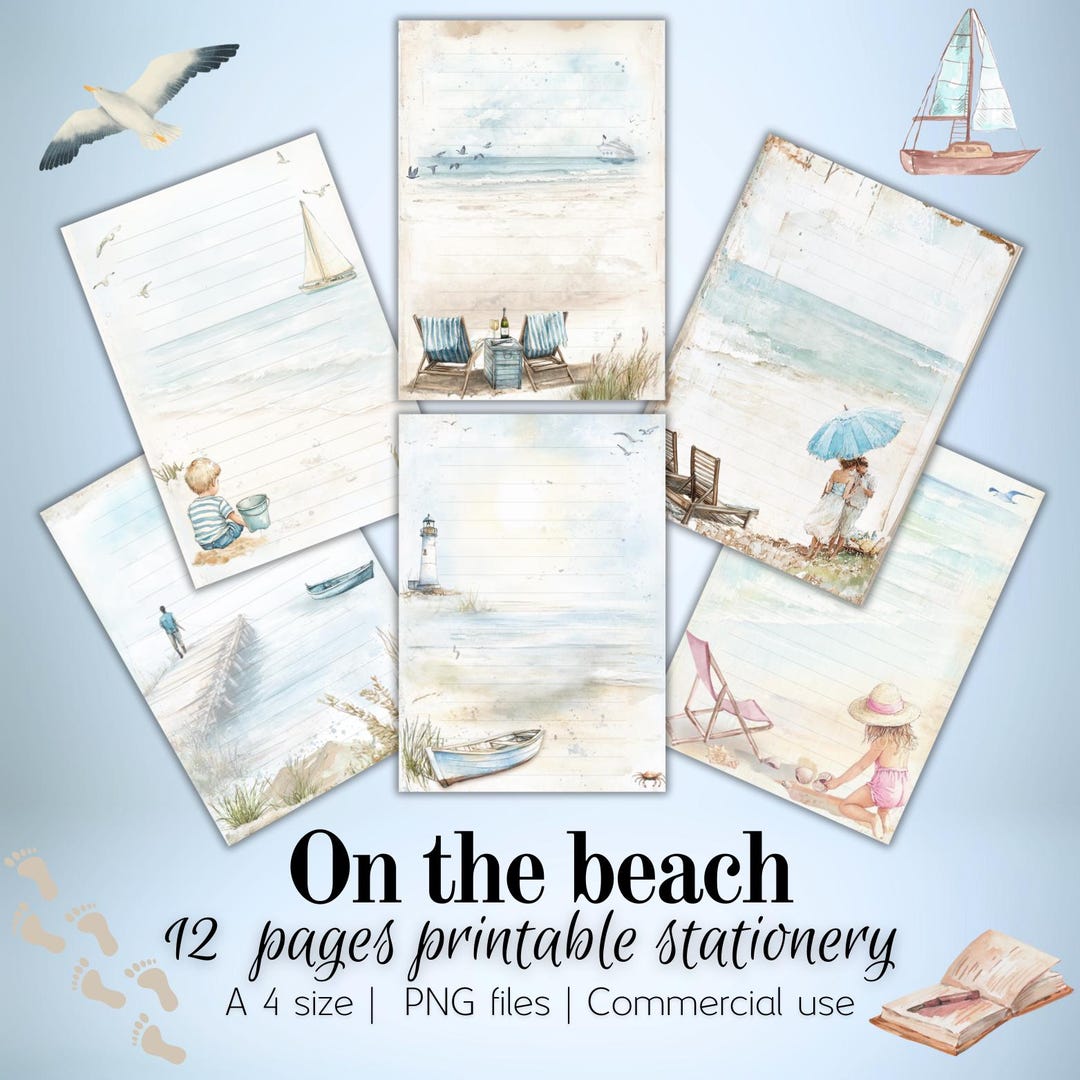 Beach Illustration Printable Letter Papers Stationery A 4 Size Instant ...