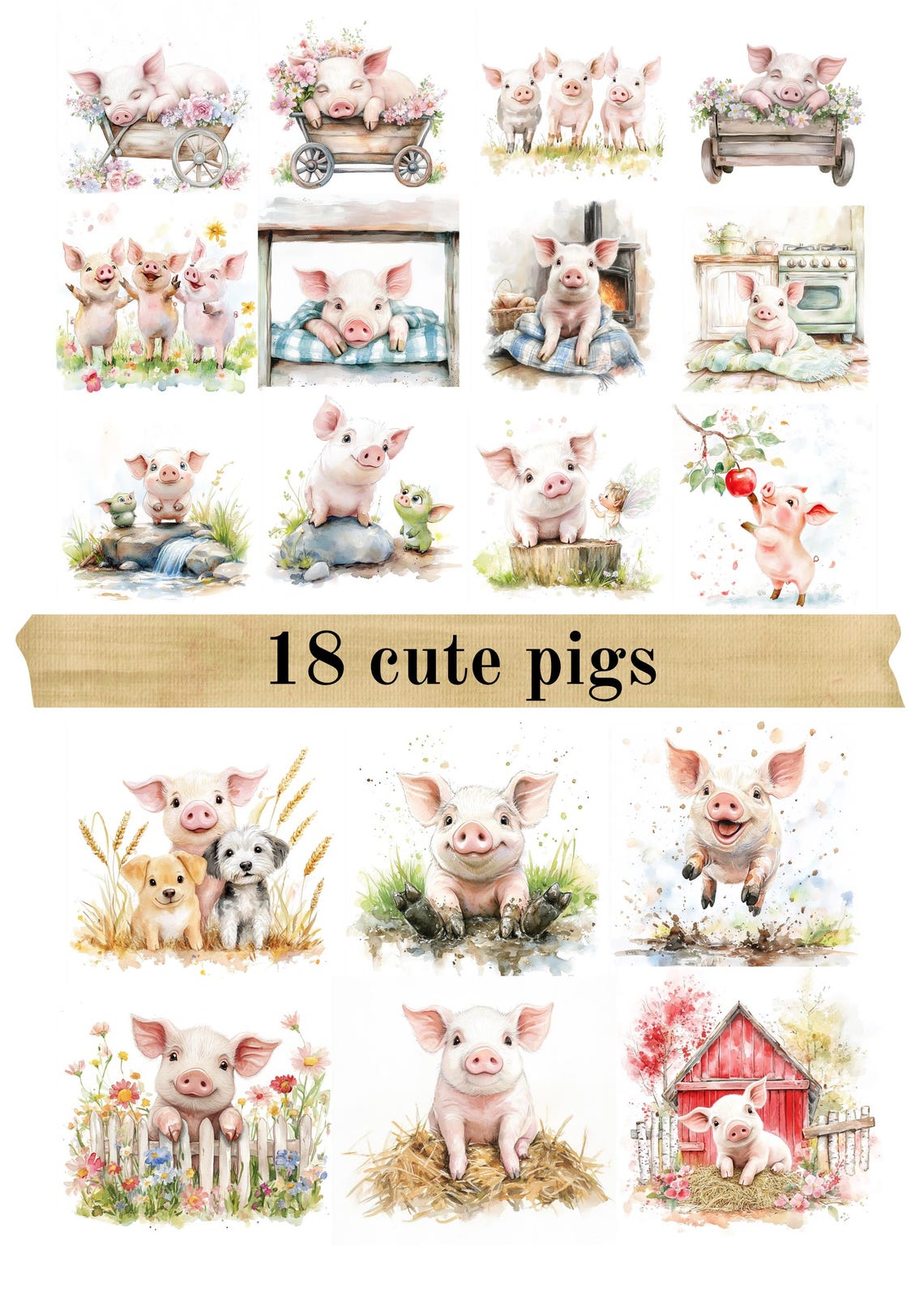 Cute Pigs Clipart, PNG Bundle, Watercolor Style Illustrations ...