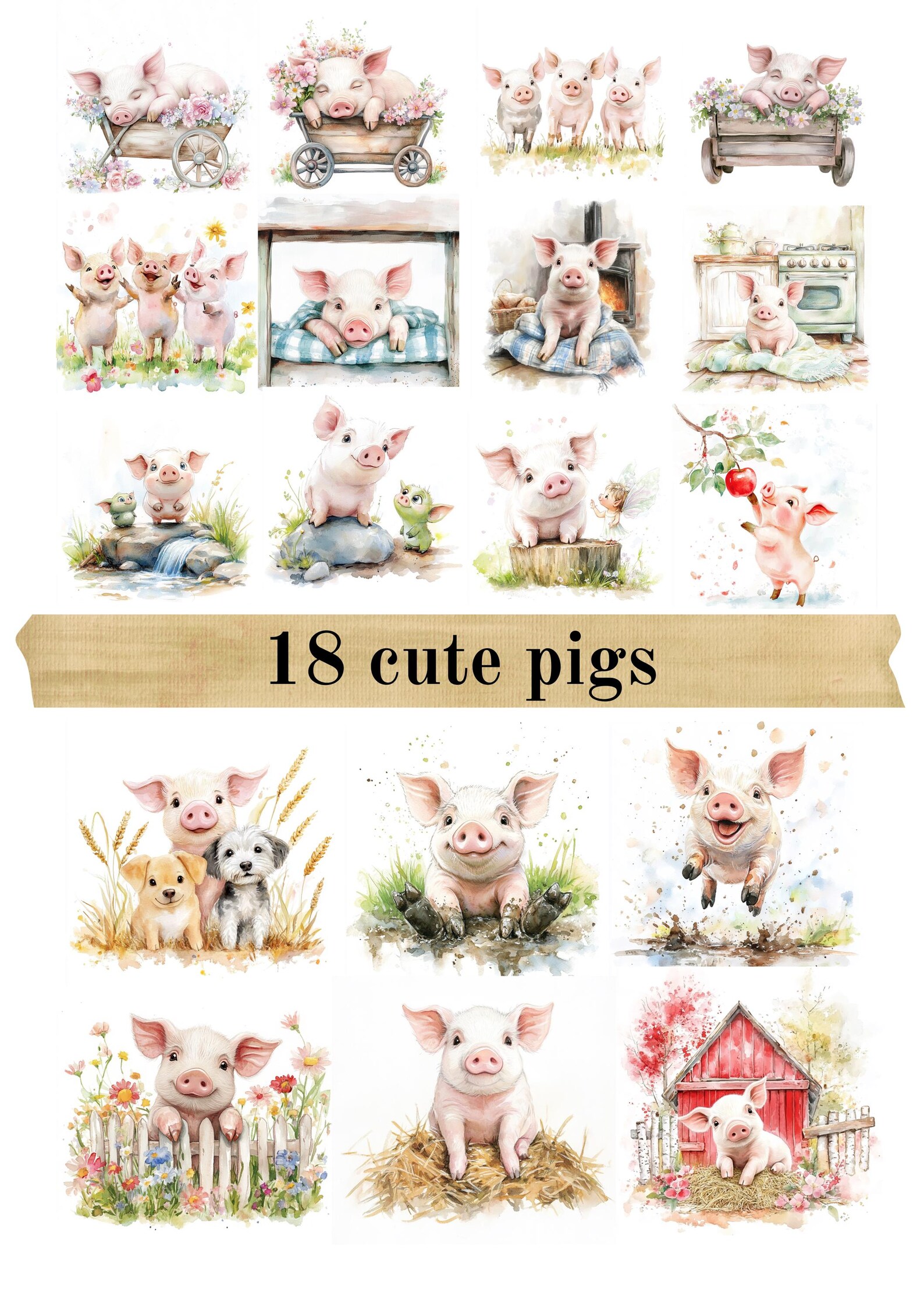 Cute Pigs Clipart, PNG Bundle, Watercolor Style Illustrations ...